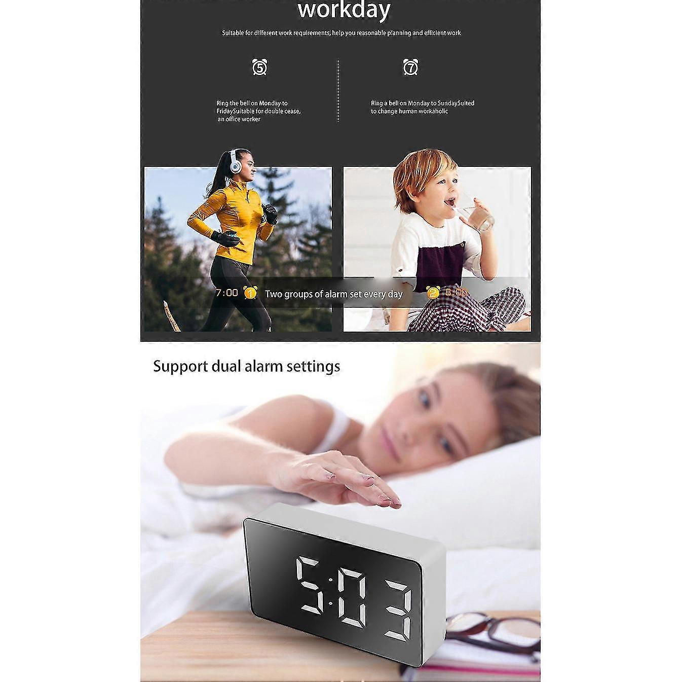 Mini Desk Alarm Clock Digital Mirror Led Temperature Usb Bedside Table ...