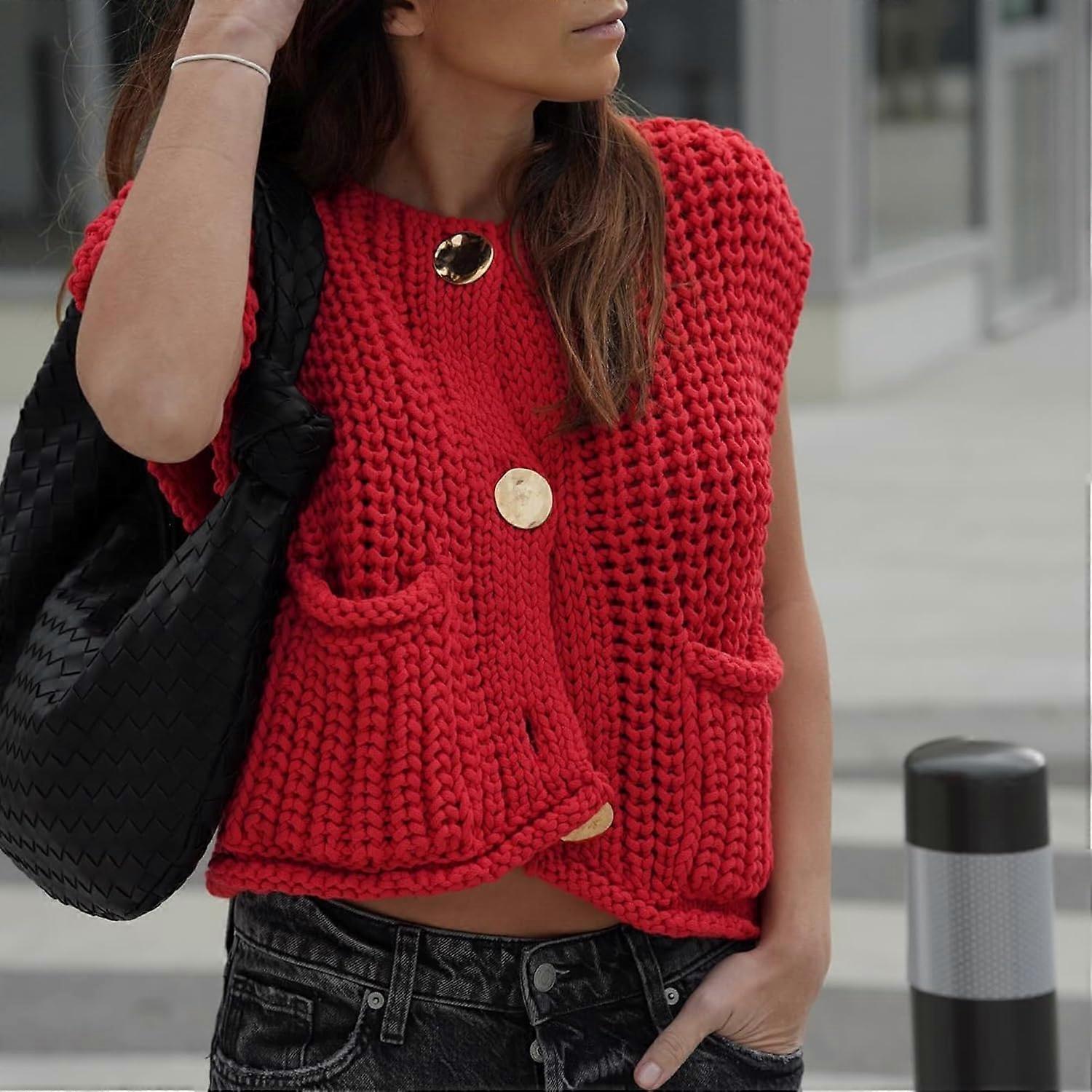 Womens Crochet Chunky Knit Top Sleeveless Button Down Crop Tops Trendy ...