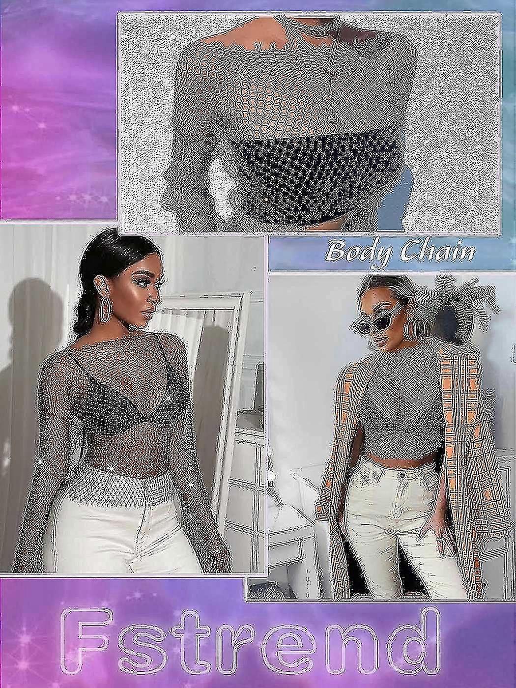 Women Mesh Body Chains Rhinestone Long Sleeve Crystal See Through Cover ...