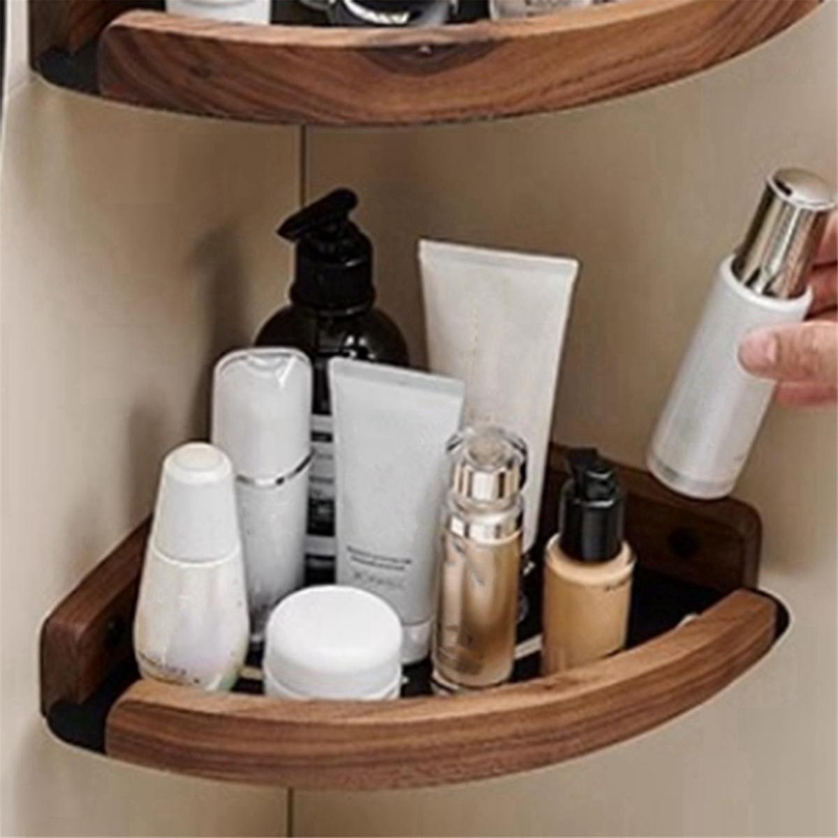 Walnut Wood Bathroom Shelves Wall Mounted Shower Corner Storage Shelf ...