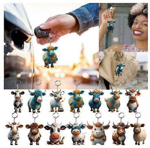14pcs 3D Highland Cow Keychain, Acrylic Cow Print Car Accessories Cow ...