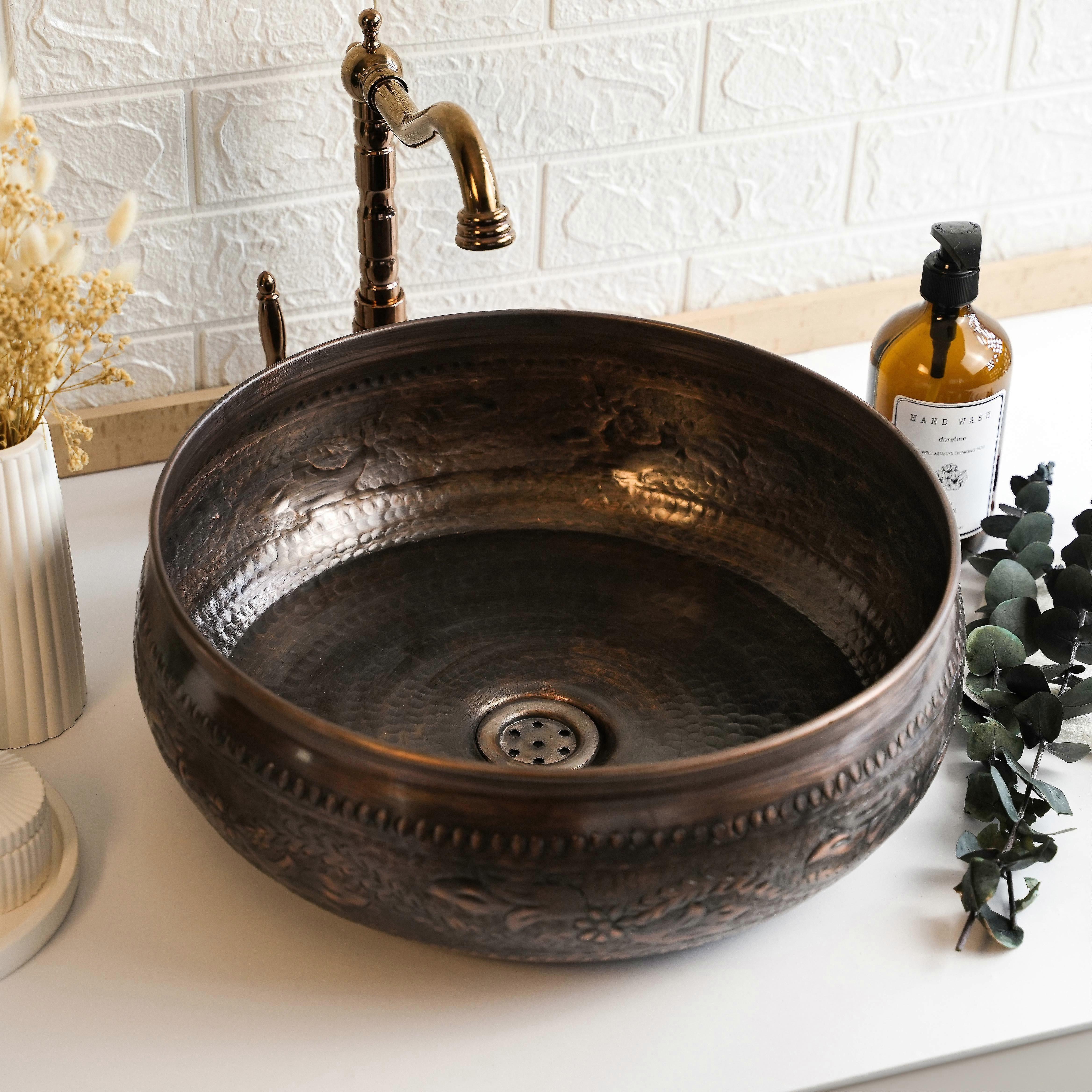 Engraved Matte Copper Vessel Sink | Handmade Farmhouse Copper Washbasin ...