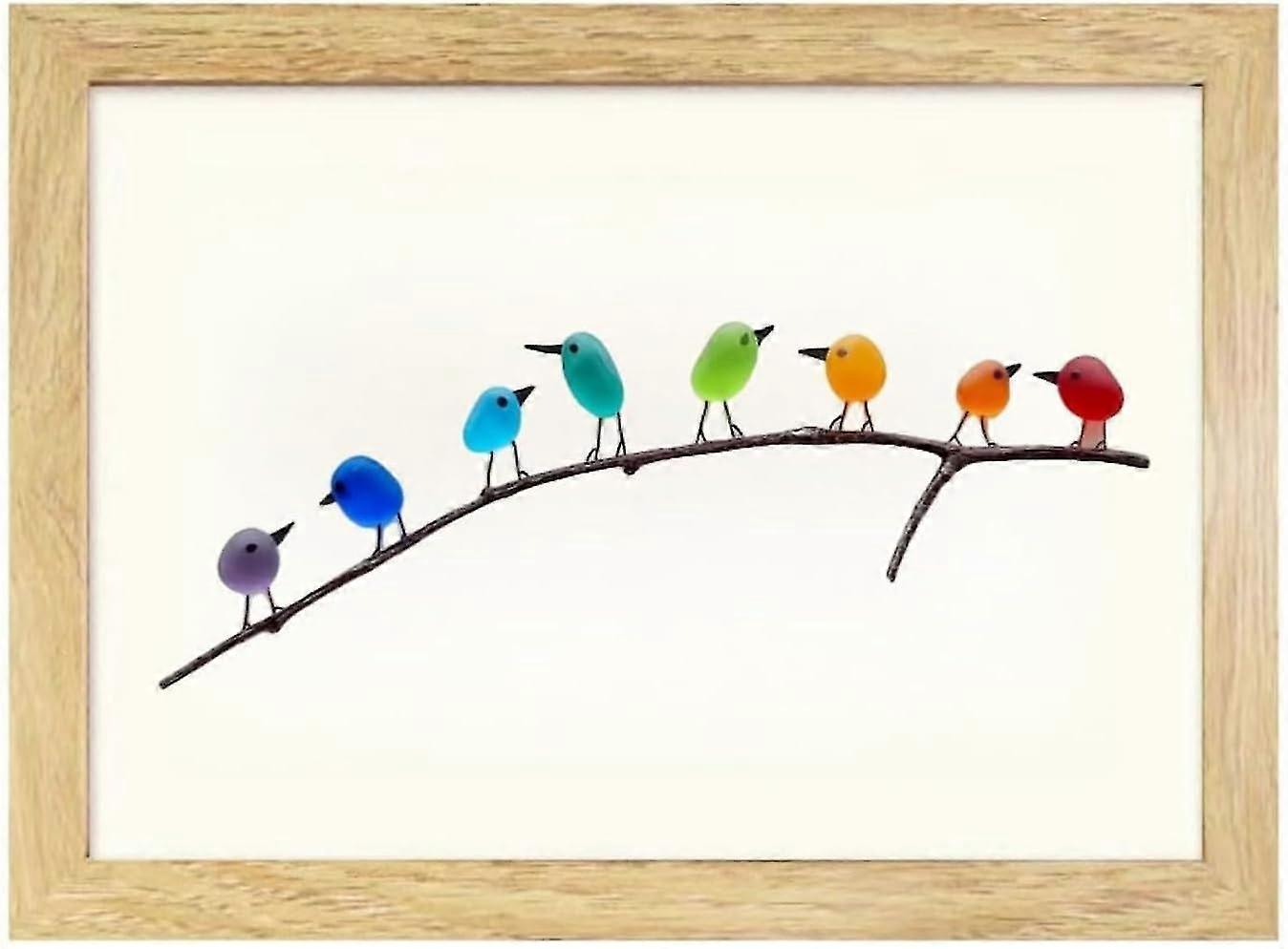 Sea Glass Rainbow Birds, Sea Glass Birds On Branch, Framed Unique ...