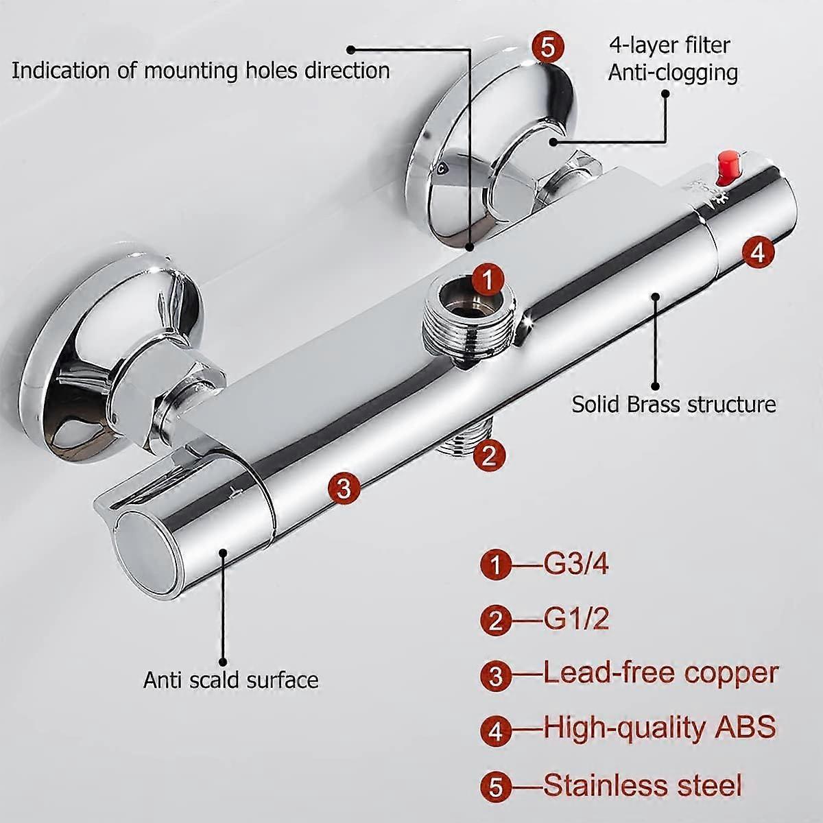 Thermostatic Shower Mixer Stainless Steel with 2 Outlets | Fruugo UK