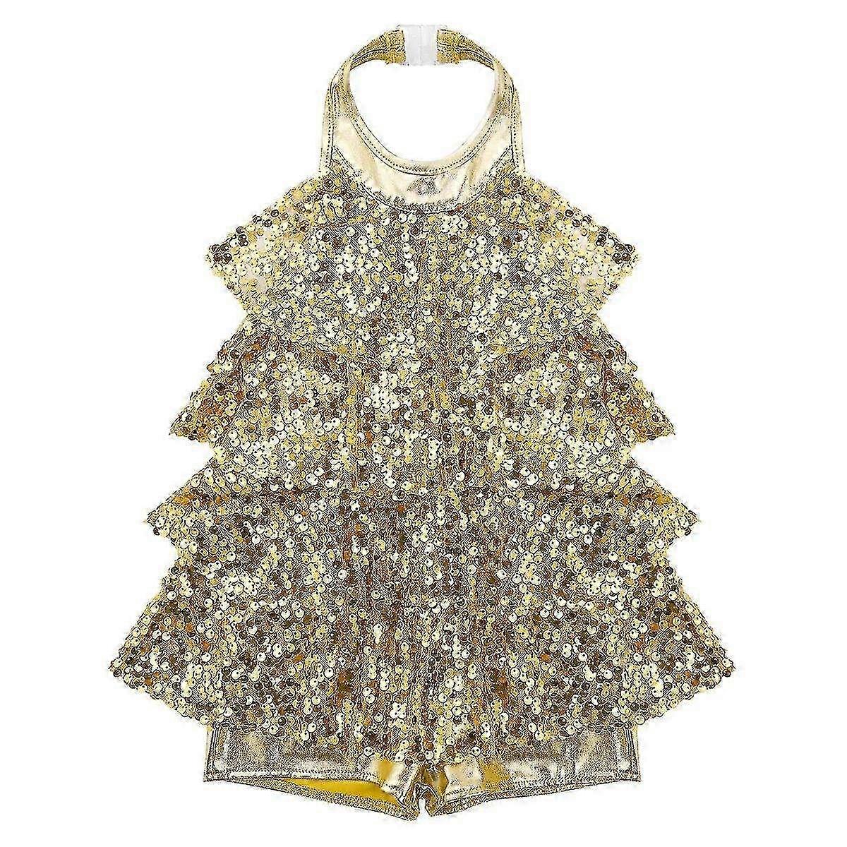 Kids Girls Halter Ballet Dance Shorty Unitard Dress Shiny Sequins ...