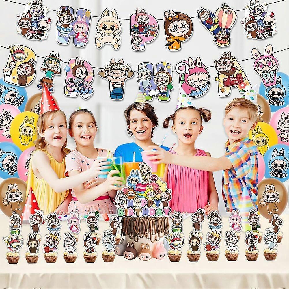 For Labubu Birthday Party Decoration Set with Banners Cake Toppers ...