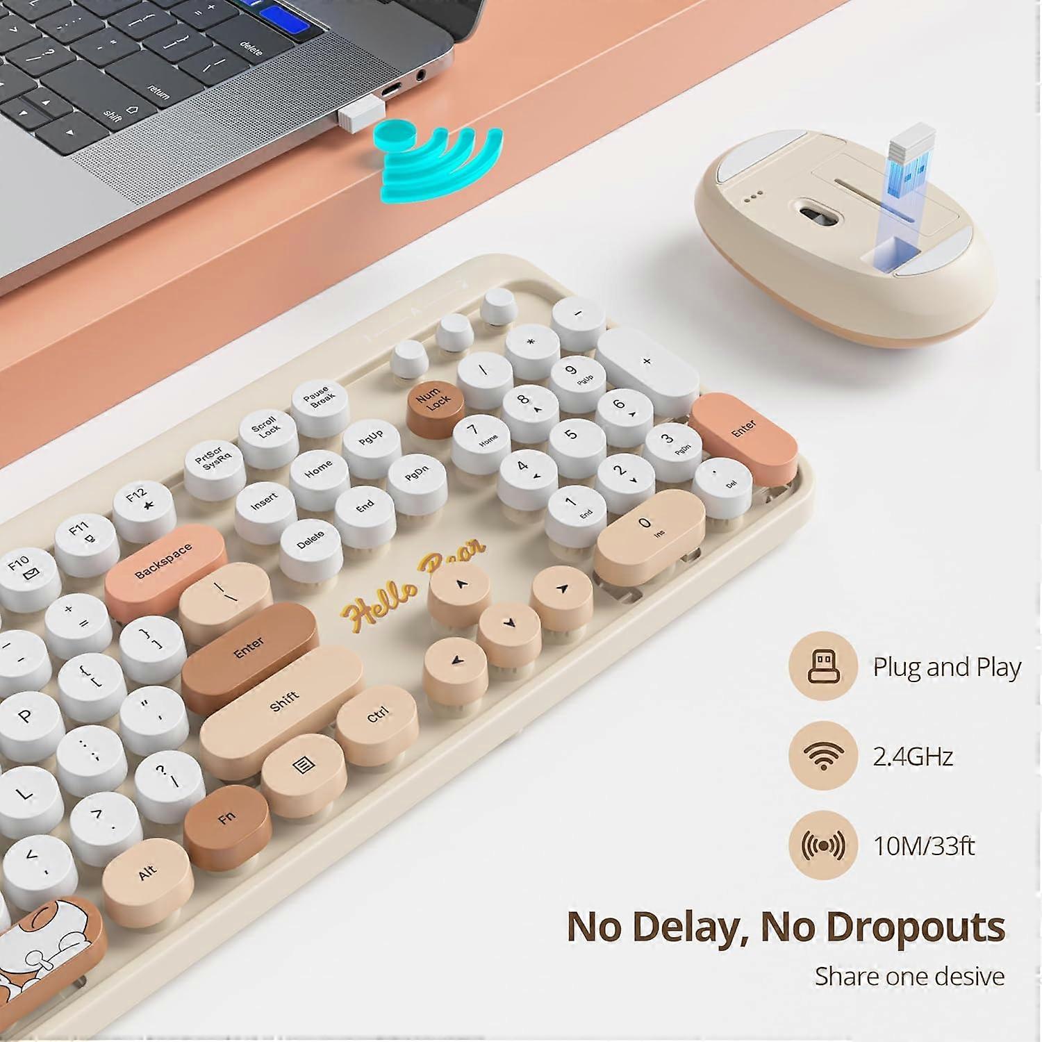 Creamy Wireless Keyboard and Mouse, Typewriter Office Full-Sized ...