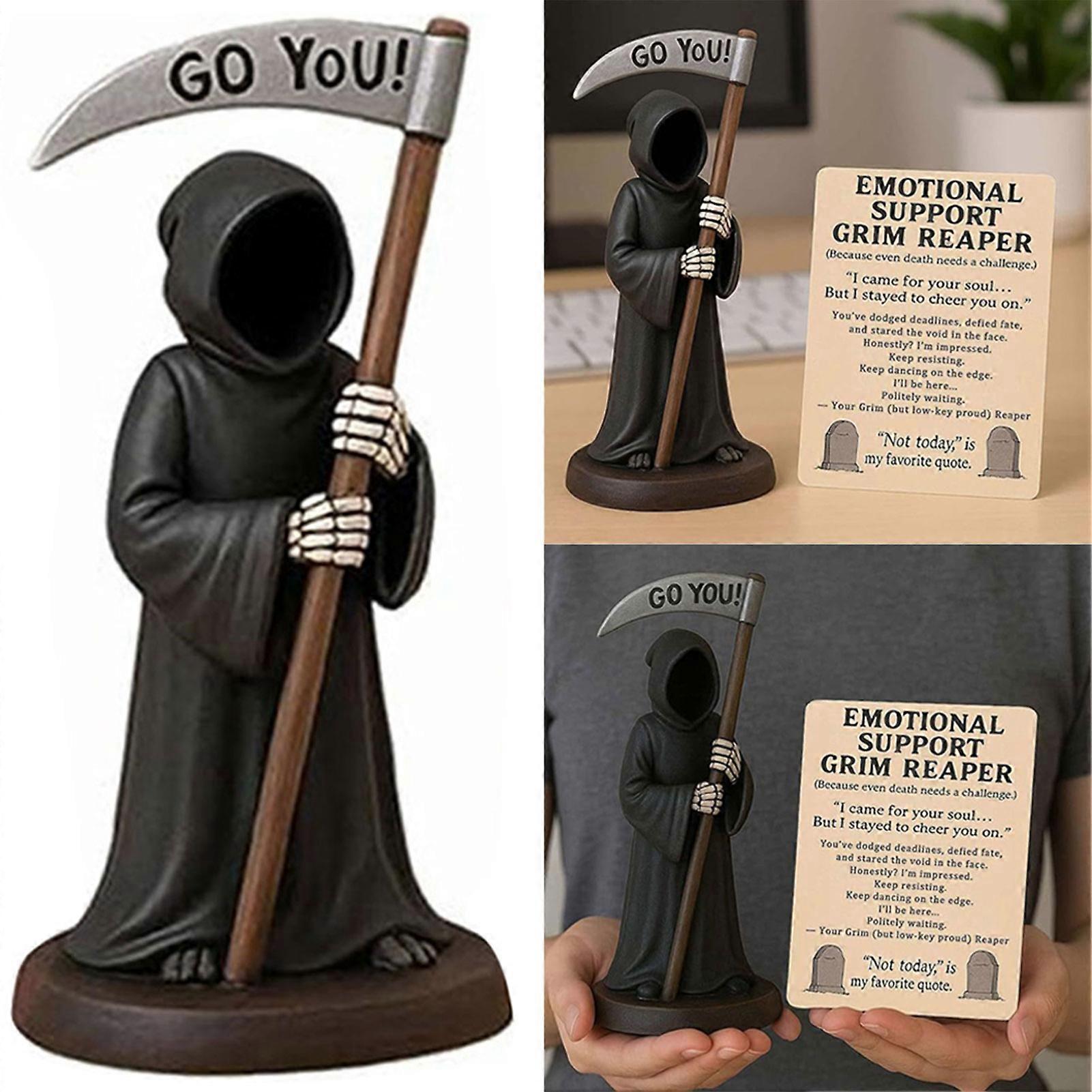 Emotional Support Grim Reaper Figurine, Funny Gothic Statue for Halloween Home Decor, Black Robe ...