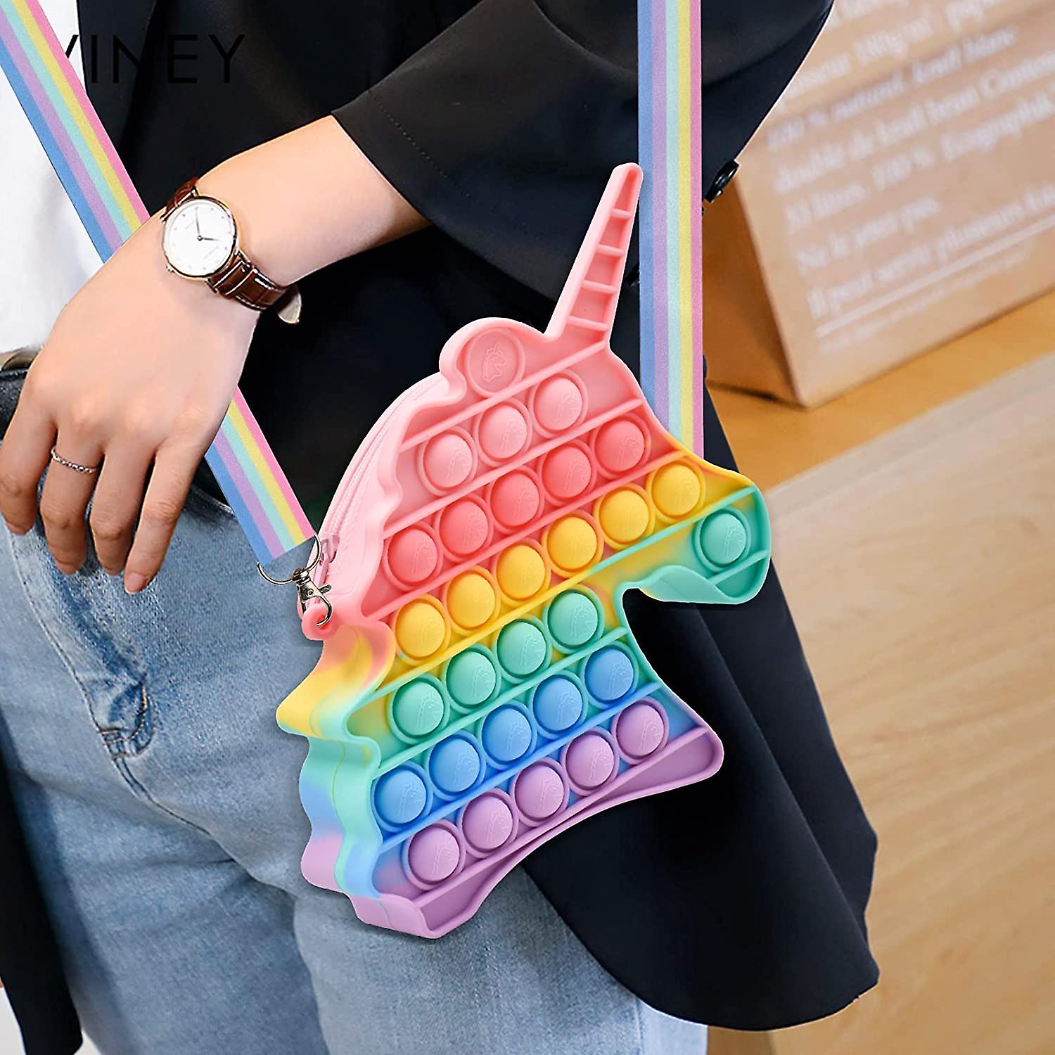 Pop Shoulder Bag Fidget Toy Rainbow Unicorn Pop Fidget Bag Toy Silicone ...