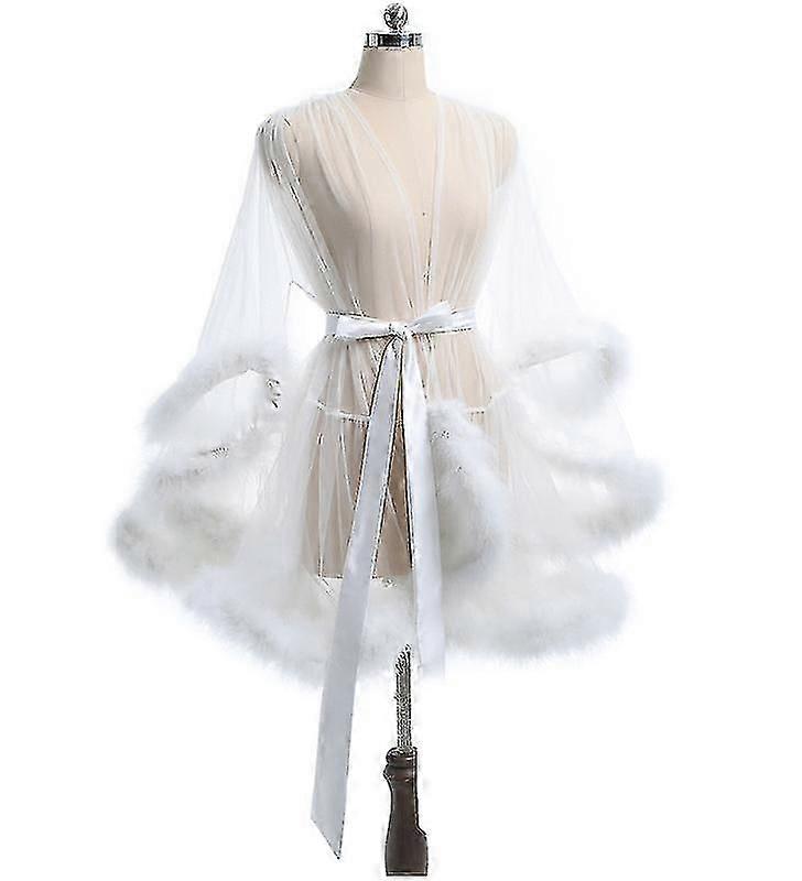 Women Lingerie Robe Long Sheer Kimono Robe Nightgown Robe with Fur ...
