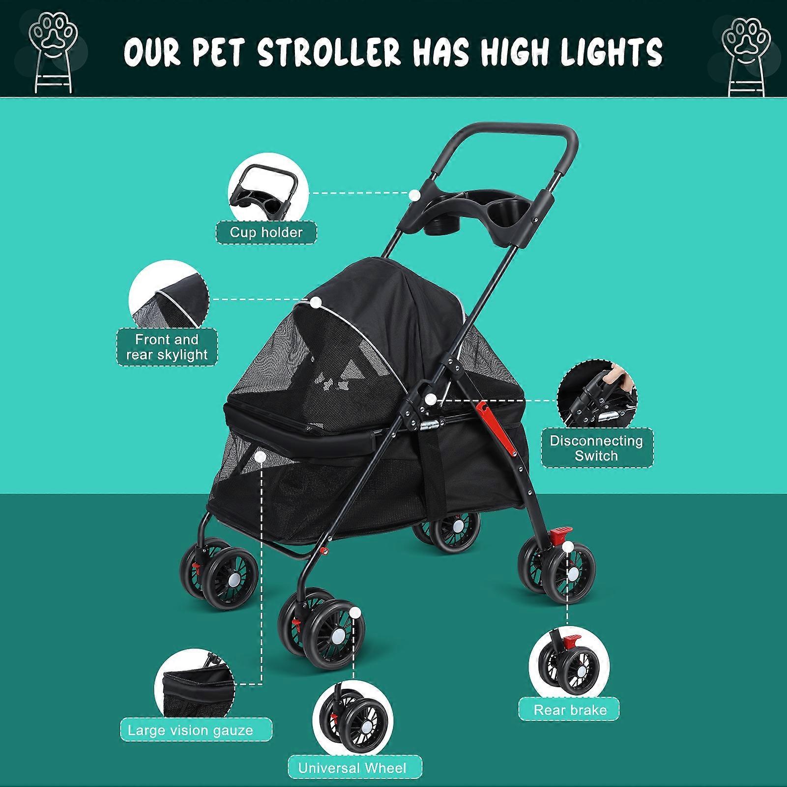 4 Wheels Dog Stroller, Outdoor Travel Pet Folding Stroller, Dog Cat ...
