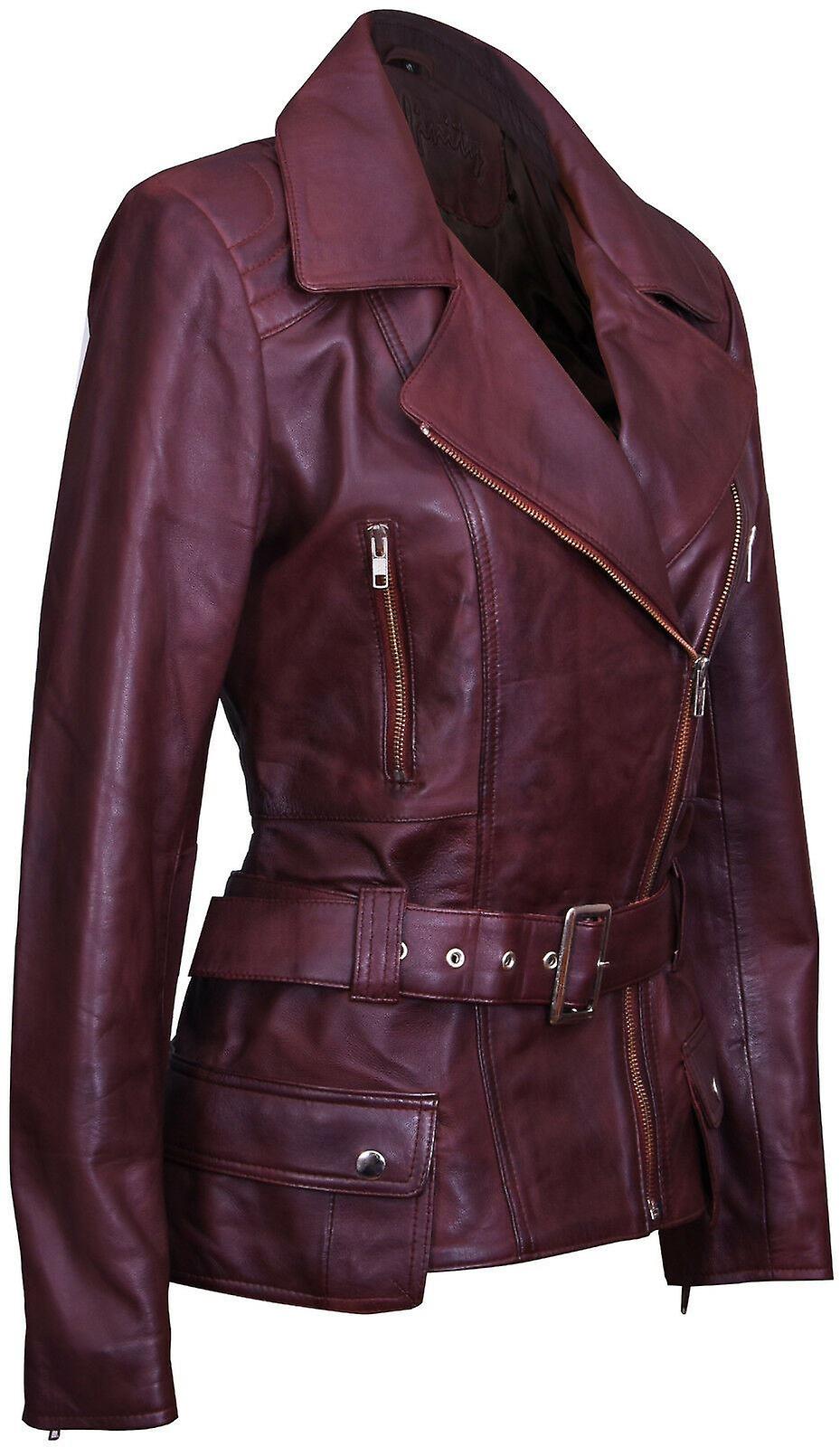 Ladies Brown Long Feminine Leather Biker Jacket | Fruugo UK