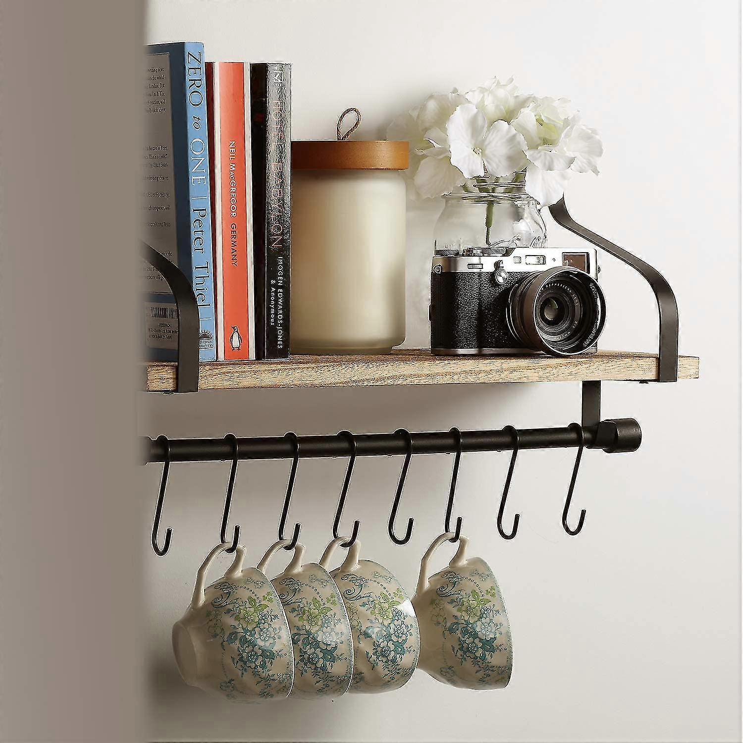 Wall Mounted Coffee Rack With 8 Hooks, Rustic Kitchen Floating Cup Rack ...