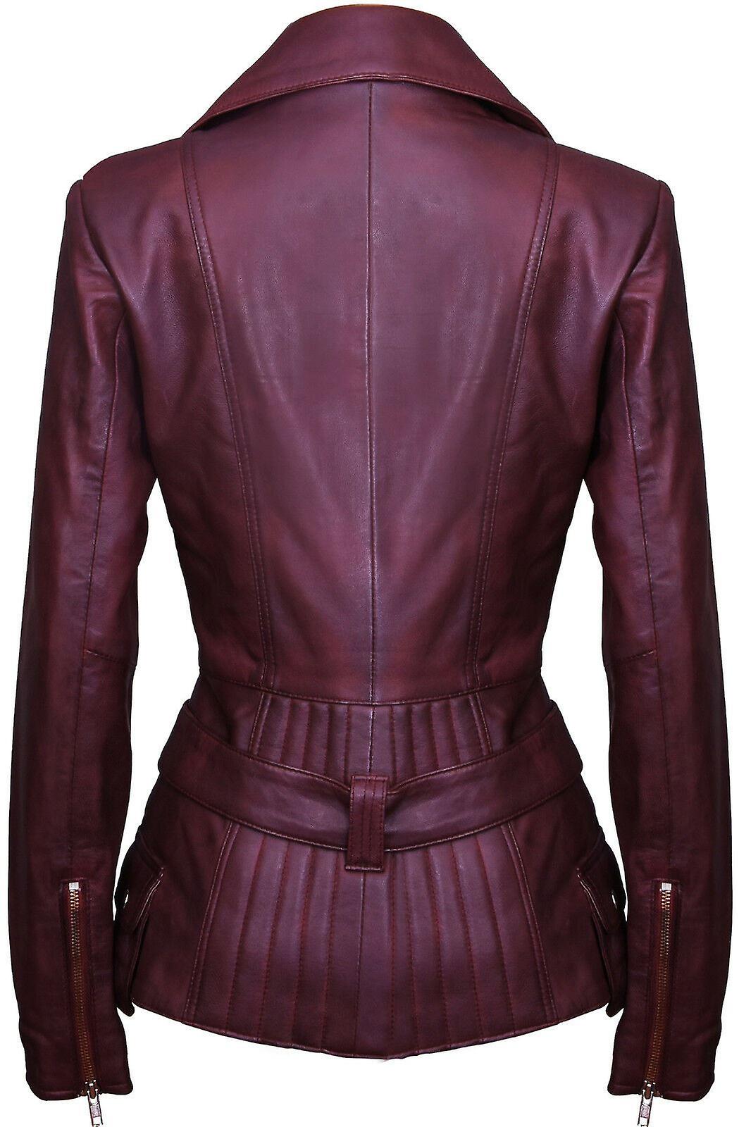 Ladies Brown Long Feminine Leather Biker Jacket | Fruugo UK