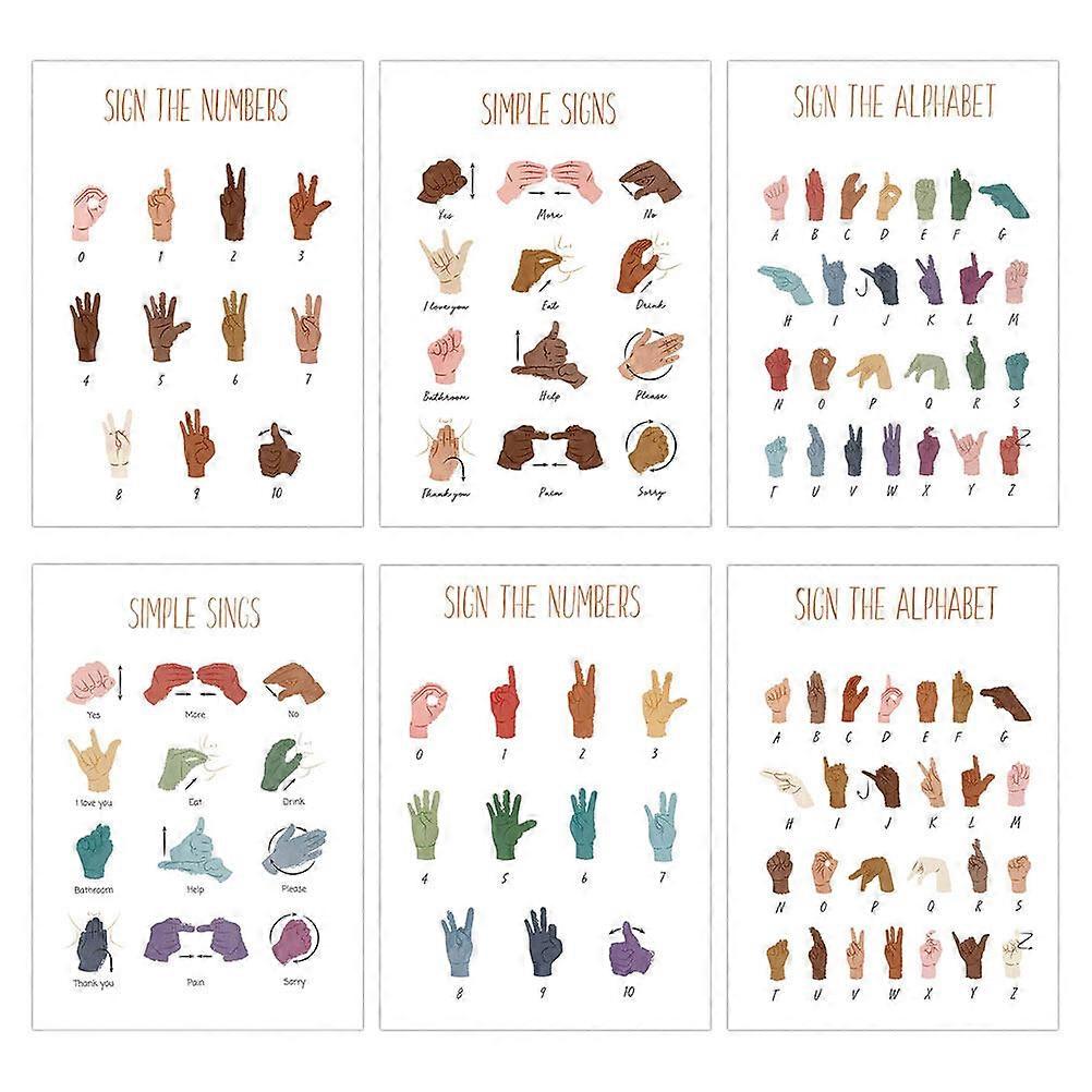 6pcs Sign Language Posters Classroom Alphabet Poster Numbers Word Chart ...