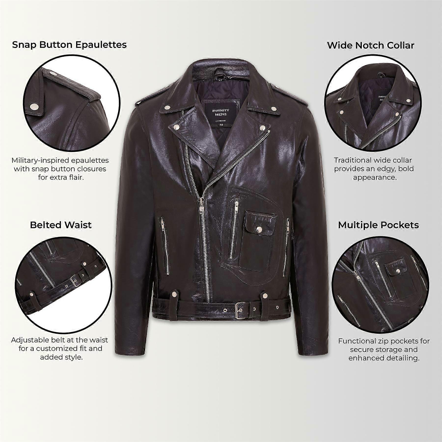 Mens Retro Brando Quilted Leather Biker Jacket Vintage Motorcycle Style ...