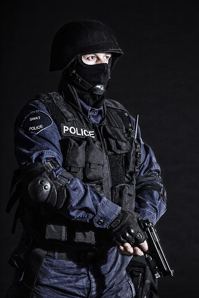Special weapons and tactics (SWAT) team officer on black background ...