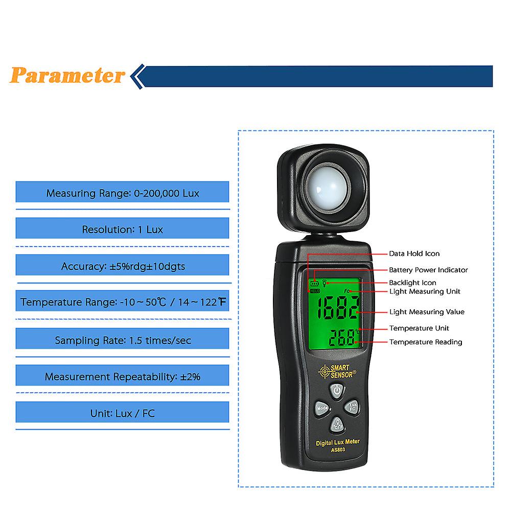 As803 Handheld Digital Lux Meter Luminance Tester Light Meter 1-200000 ...