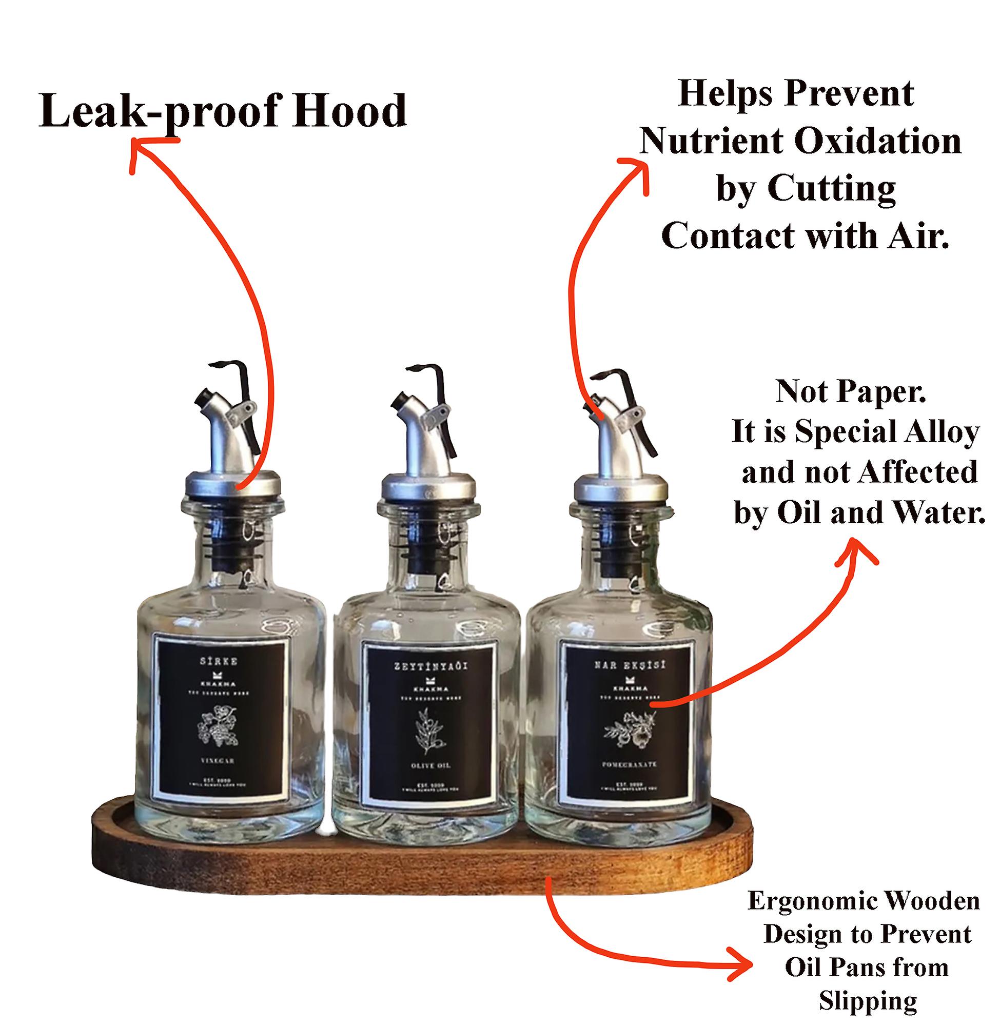 Oil-Vinegar-Sauce Cruet in Clear Glass Dispensers with Wooden Stand Set ...