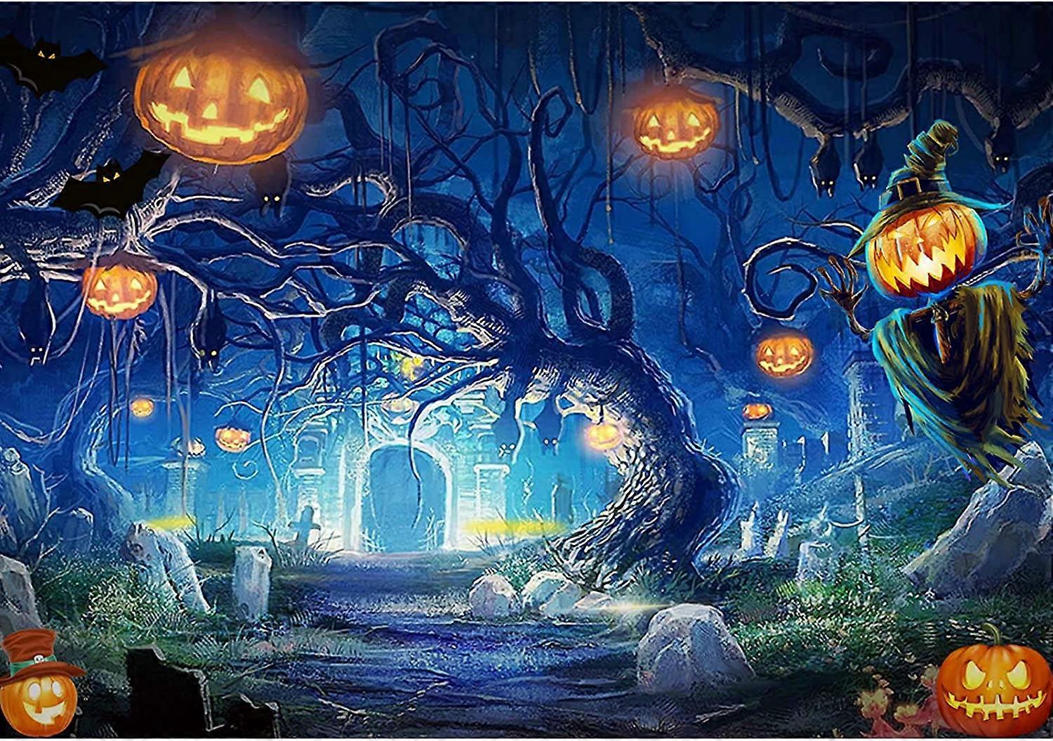 7x5ft Durable/Soft Fabric Halloween Pumpkin Haunted Cemetery Party ...