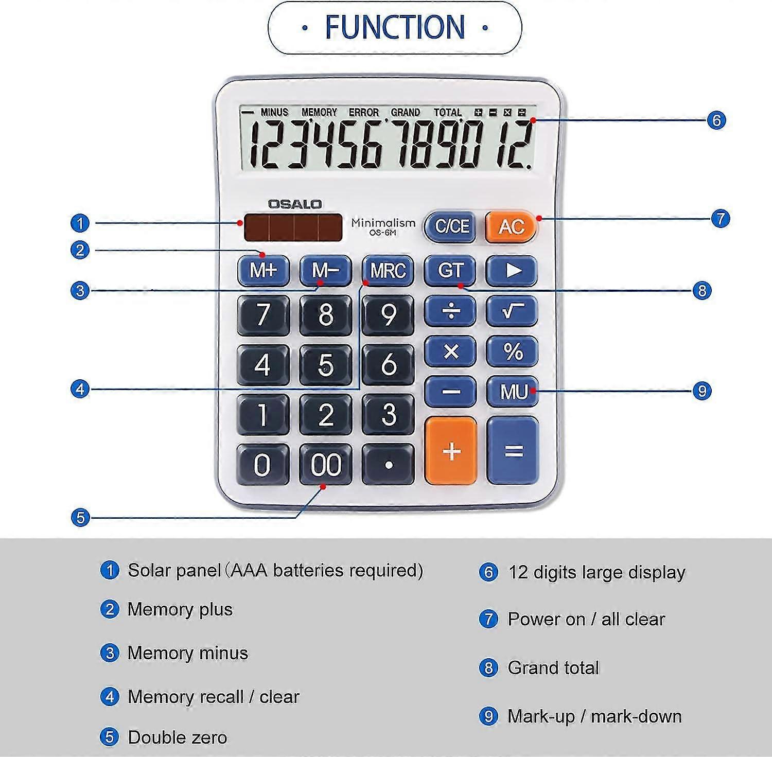 Calculator Office 12 Digit Extra Large Display Big Buttons Solar ...