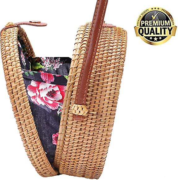 Handwoven Round Rattan Bag Shoulder Leather Straps Natural Chic Hand ...