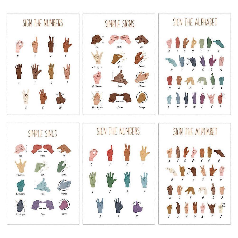 6pcs Sign Language Posters Classroom Alphabet Poster Numbers Word Chart ...
