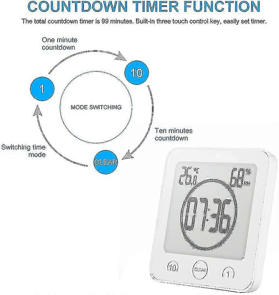 Bathroom Clock, Lcd Digital Alarm With Waterproof Touch Shower Clock, Temperature Humidity ...