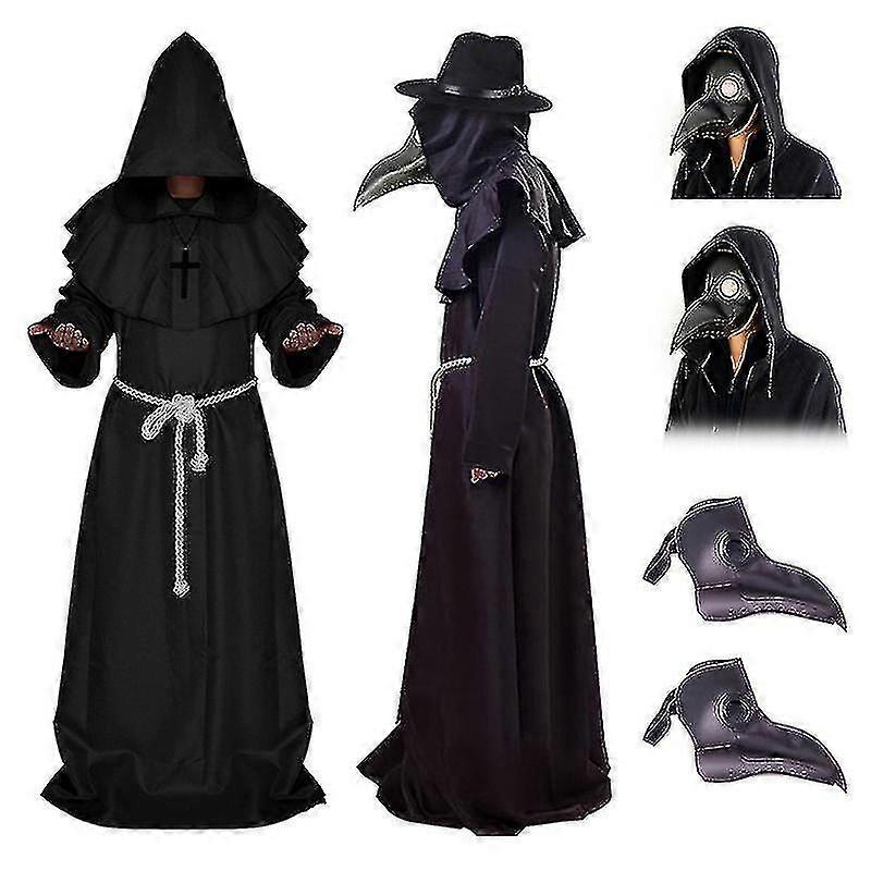 2024 Medieval Hooded Robe Plague Doctor Costume Mask Hat For Men Monk ...