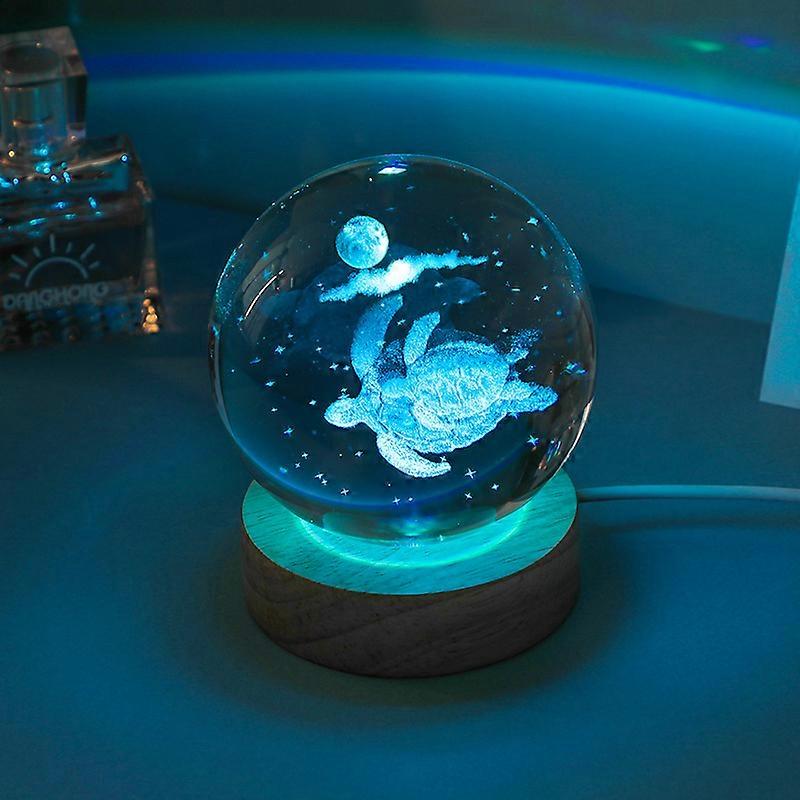 Turtle Crystal Ball Night Light Desk Lamp with Wooden Base Creative USB ...