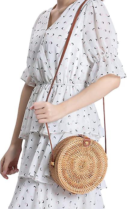 Handwoven Round Rattan Bag Shoulder Leather Straps Natural Chic Hand ...