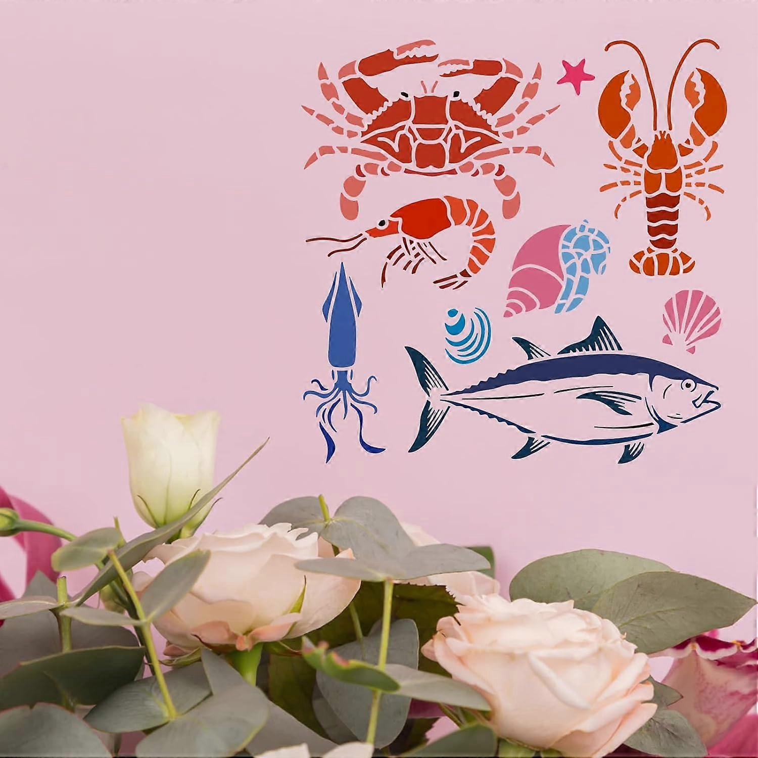 Sea Animal Stencil 11.8x11.8 inch Fish Shrimp Crab Octopus Conch Shells ...