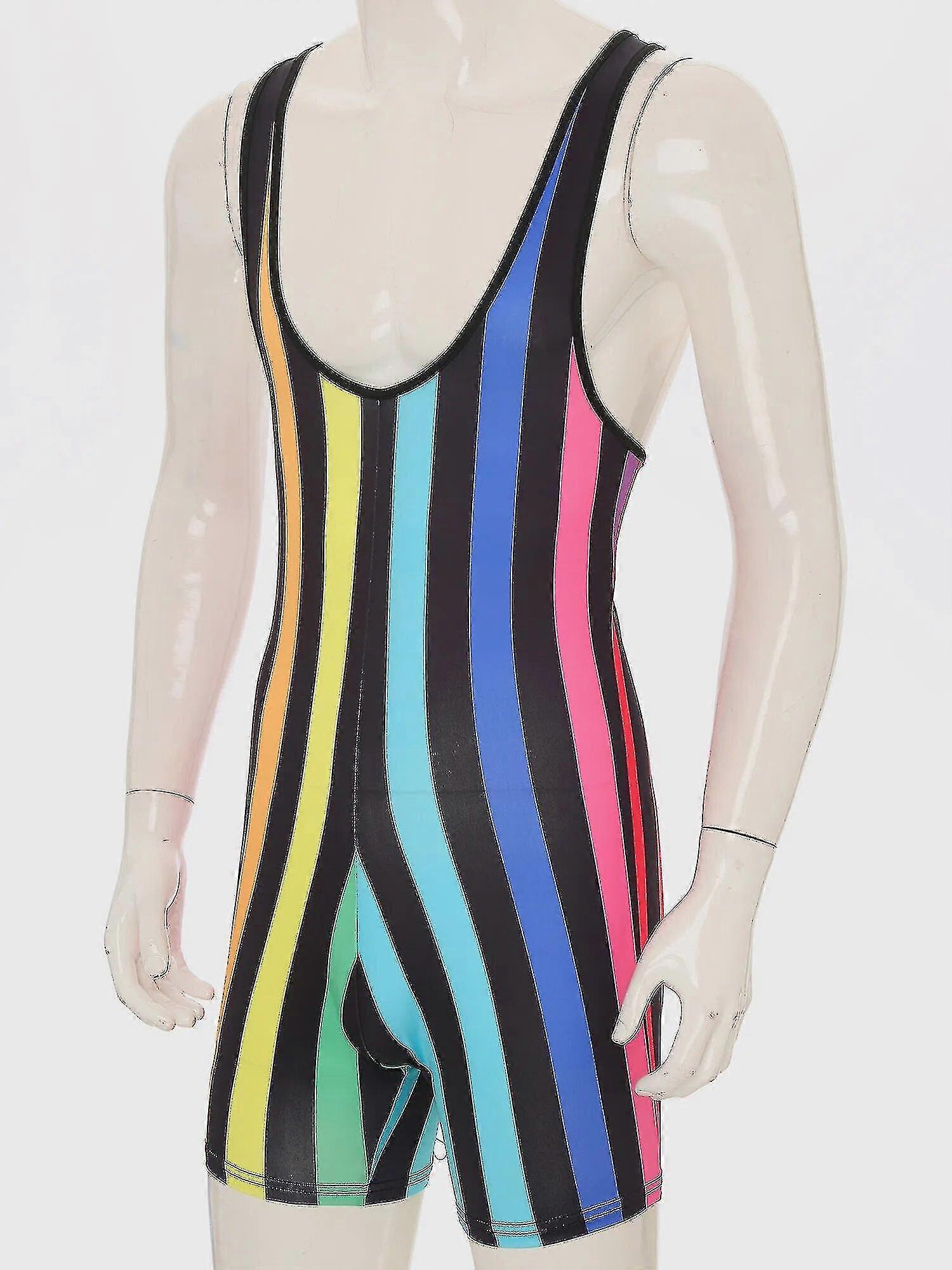 Mens Striped Jumpsuit Sleeveless Workout Wrestling Singlet Bodysuit For ...