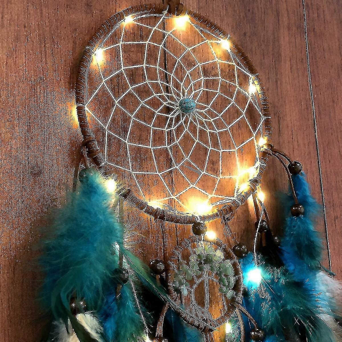 Dream Catcher Blue Tree Of Life With Feathers, Mobile Led Fairy Lights ...