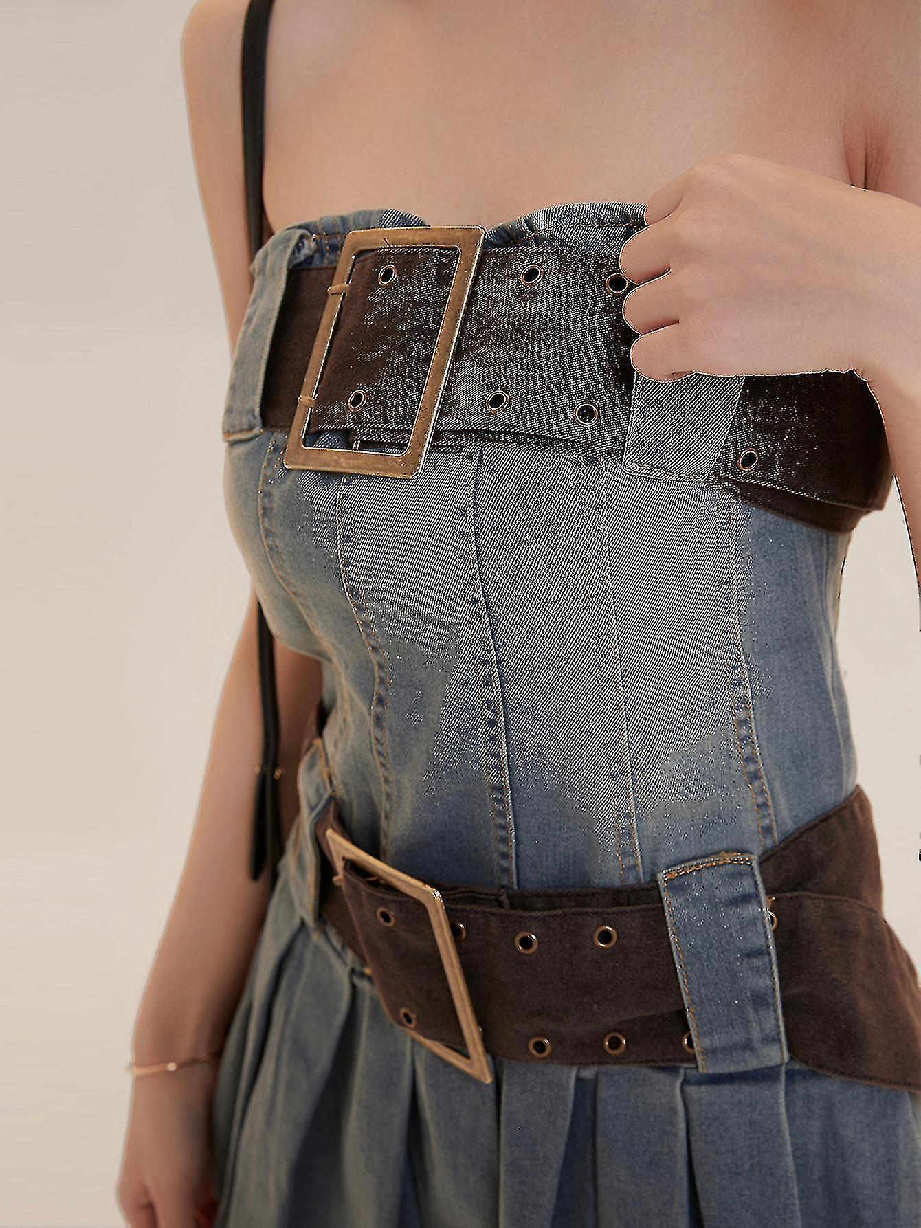Women Bodycon Dress Belt Mini Short Jean Corset Pleated One-piece Dress ...