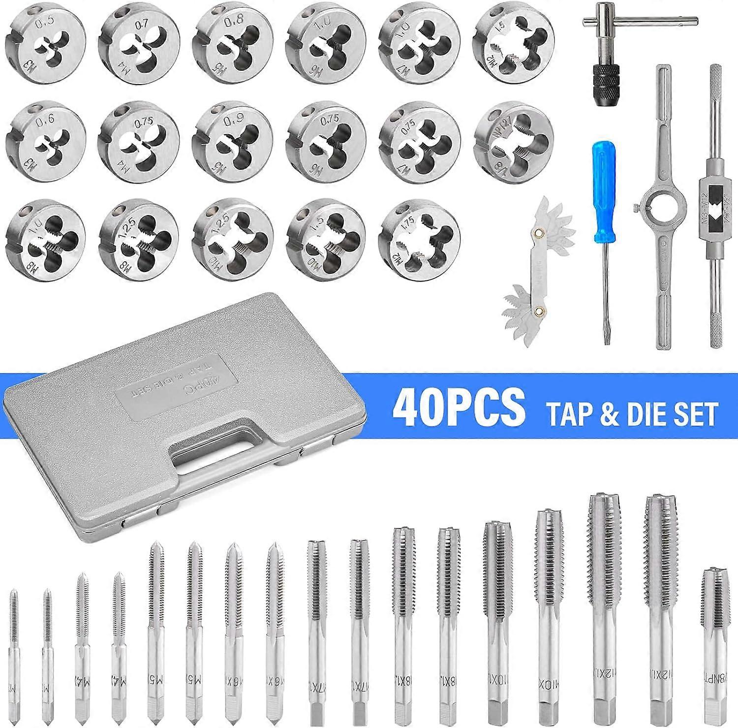 good 40Pcs Tap and Die Set Metric M3-M12 Tap Set with Tap Wrench for Cutting Internal External ...