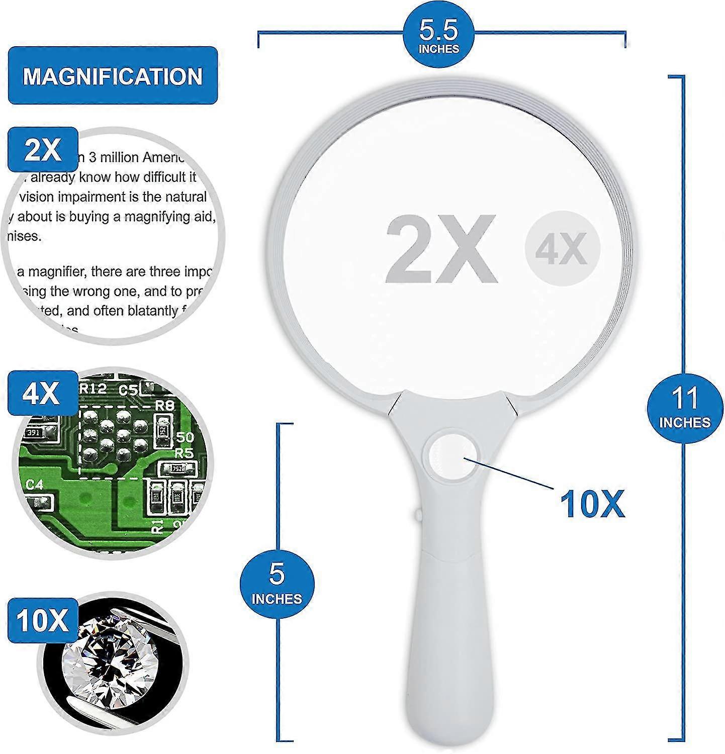 Extra Large Led Handheld Magnifying Glass With Light - 2x 4x 25x Lens ...