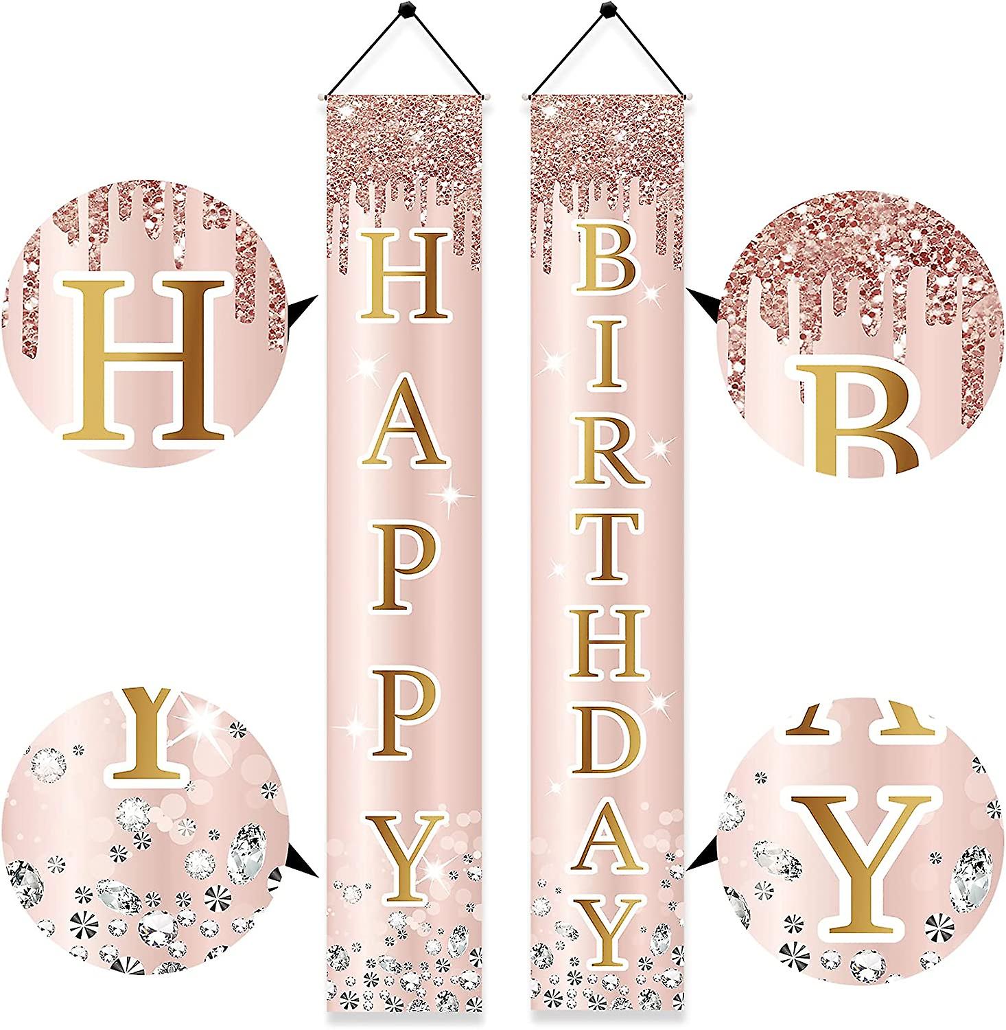 Pink Rose Gold Happy Birthday Door Banner Decorations, Birthday Party Porch Sign Supplies For ...
