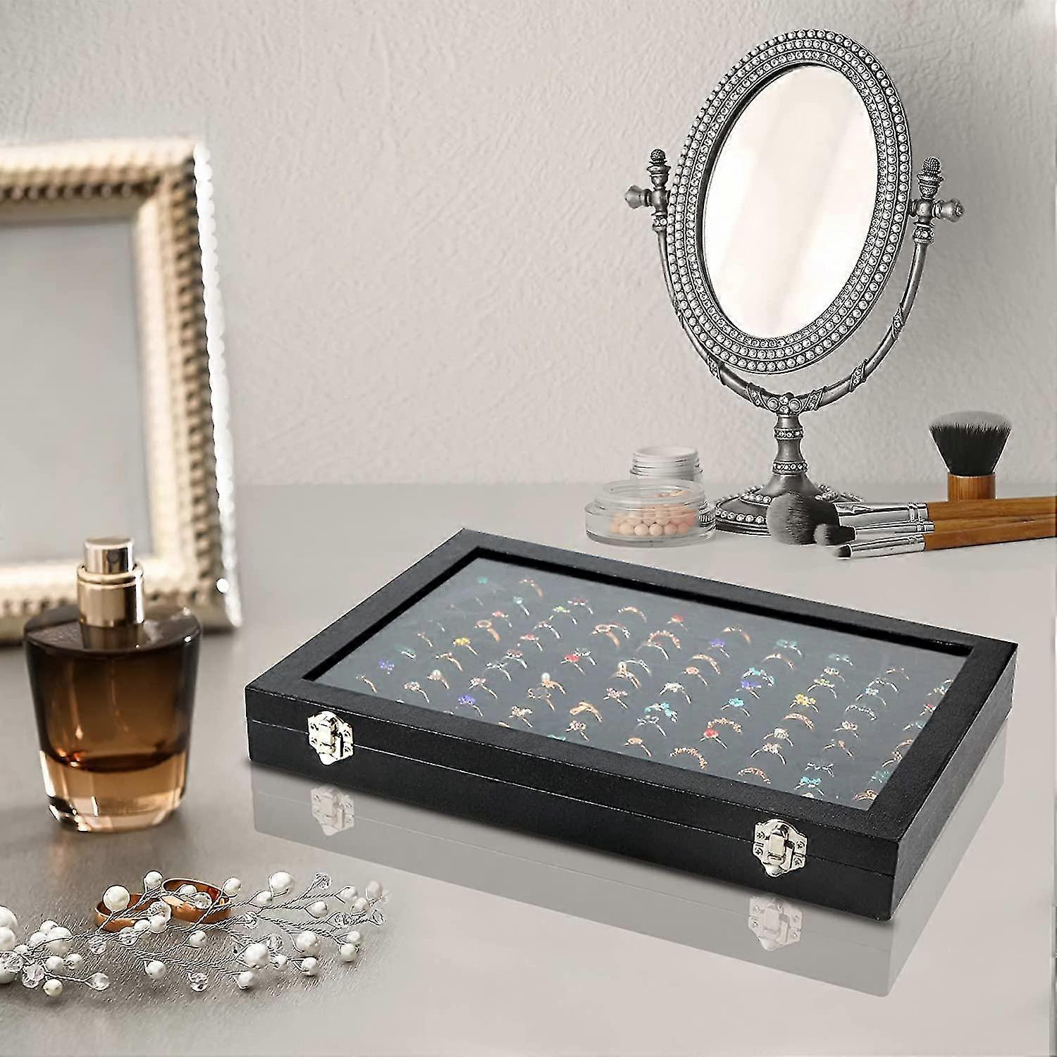 Ring Display Case Organizer Box With Transparent Lid, 100 Slots Ring ...