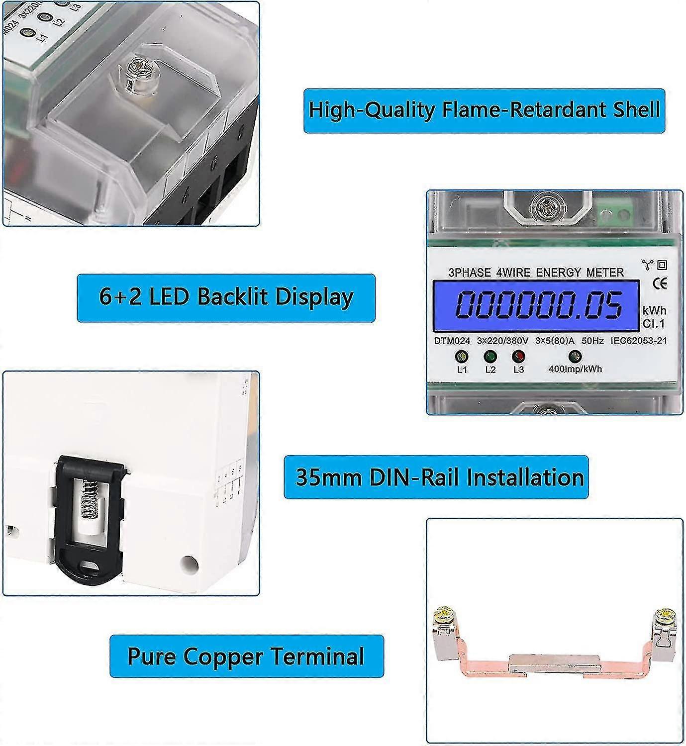 Meter 220.400v 5-100a AC Meter Digital Meter DIN Rail 3-Phase 4-Wire ...