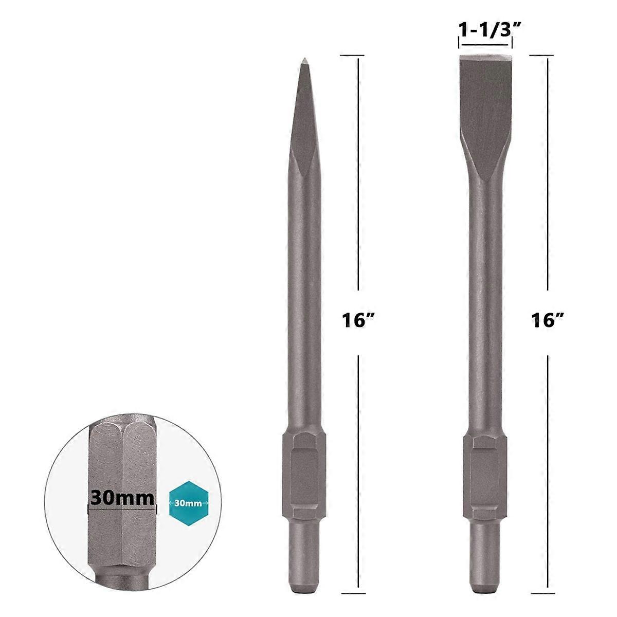2pc 1-3/16 Inch Hex Chisel Set with Point & Flat Chisels for Heavy Duty ...