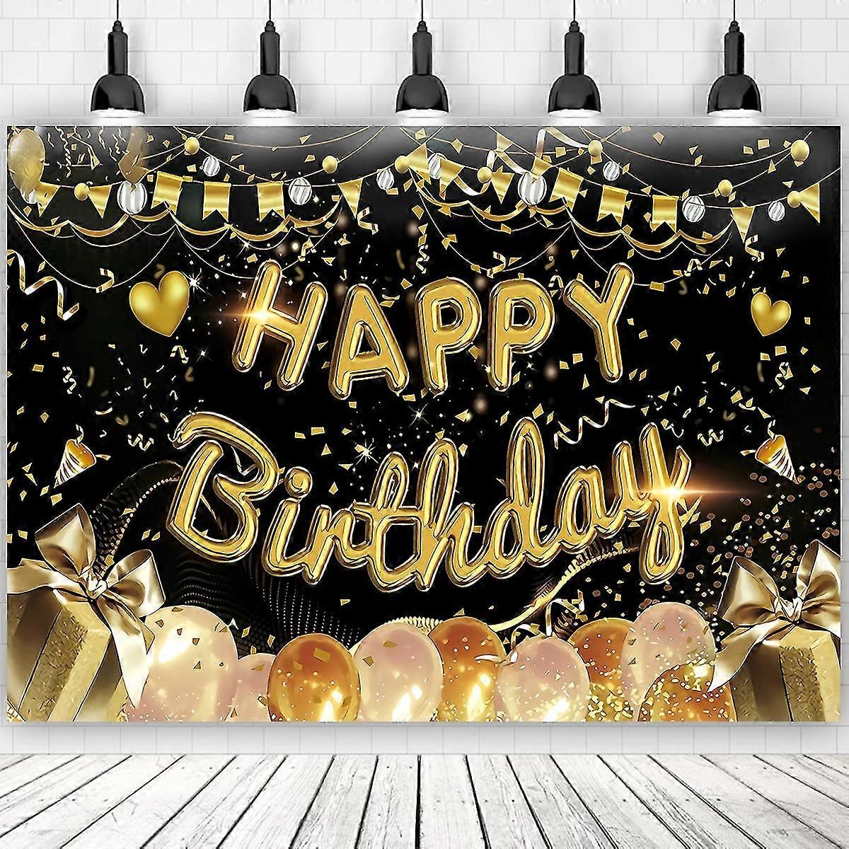 Gold Glitter Happy Birthday Party Backdrop For Photo Black Happy Birthday Adult Theme Party ...
