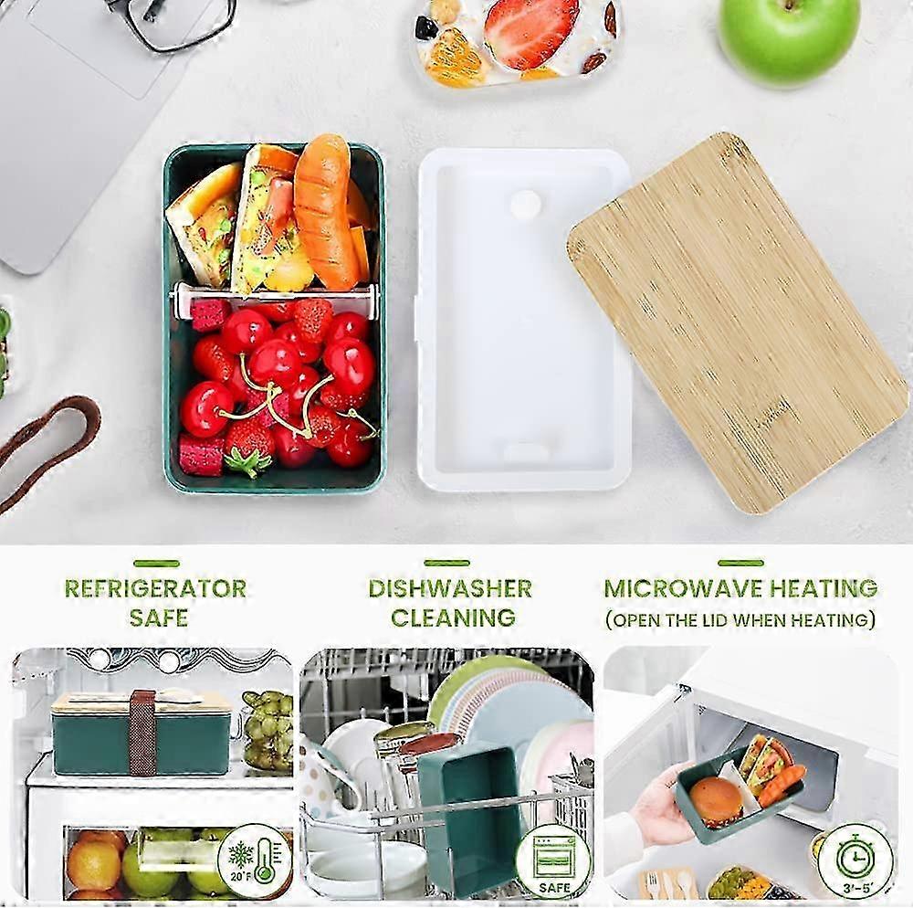 Bento Lunch Box with Sauce Box and Cutlery Set, 1000 ml (Green) | Fruugo UK