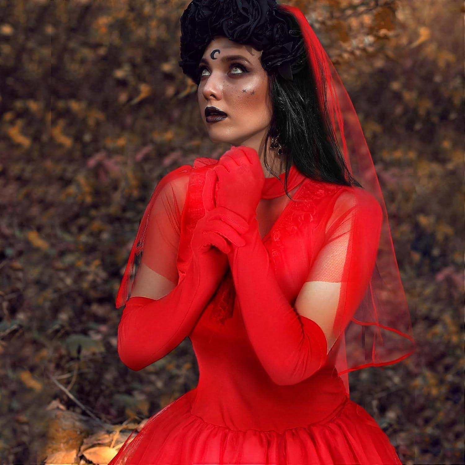 Women Halloween Cos Bride Costume Set Adult Red Gothic Wedding Dress ...