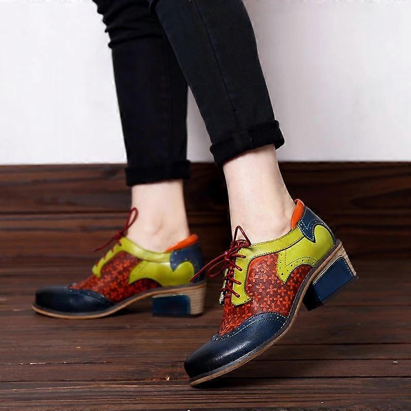 Retro Clover Pattern Hand-colored Genuine Leather Lace Up Block Heel ...
