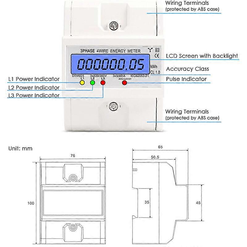 Three-Phase 4-Wire Energy Meter 220/380V 5-80A Power Consumption kWh ...