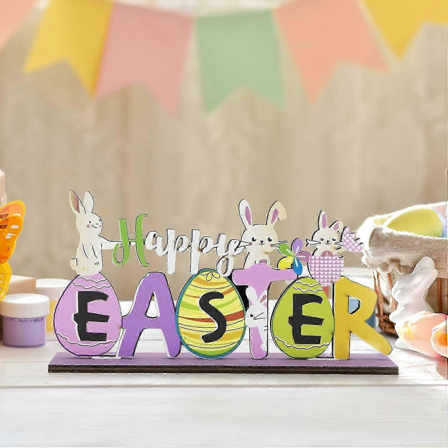 Easter Wooden Table Sign, Happy Easter Bunny Stand Tabletop Ornaments ...