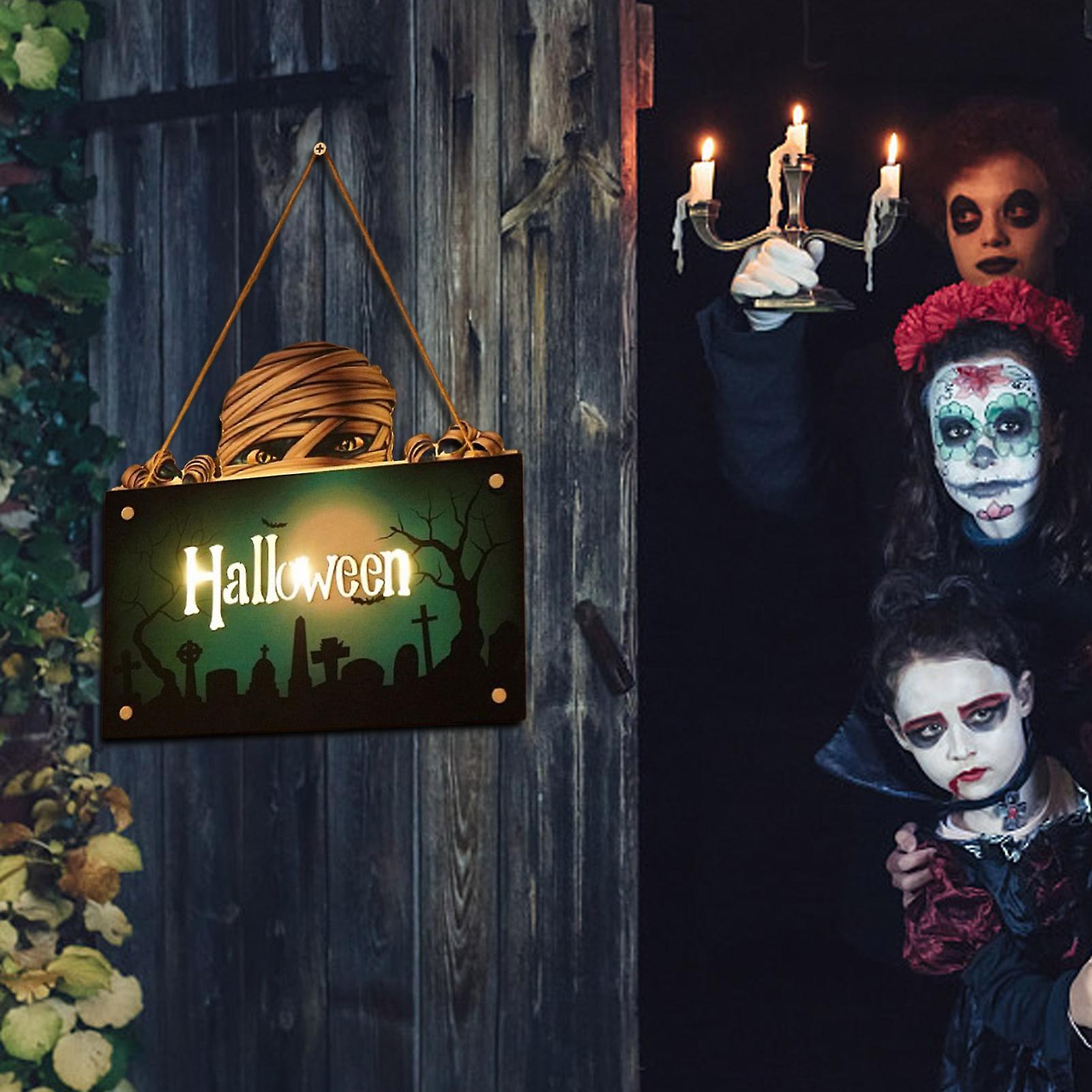 Light Up Door Halloween Sign Wood Block Scary Pumpkin Sign Lighted Wall ...