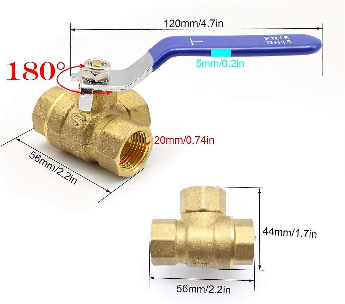 3 Way Ball Valve, DN15 1/2 Internal Thread Water Tap Splitter, Brass Shut-off Ball Valve ...