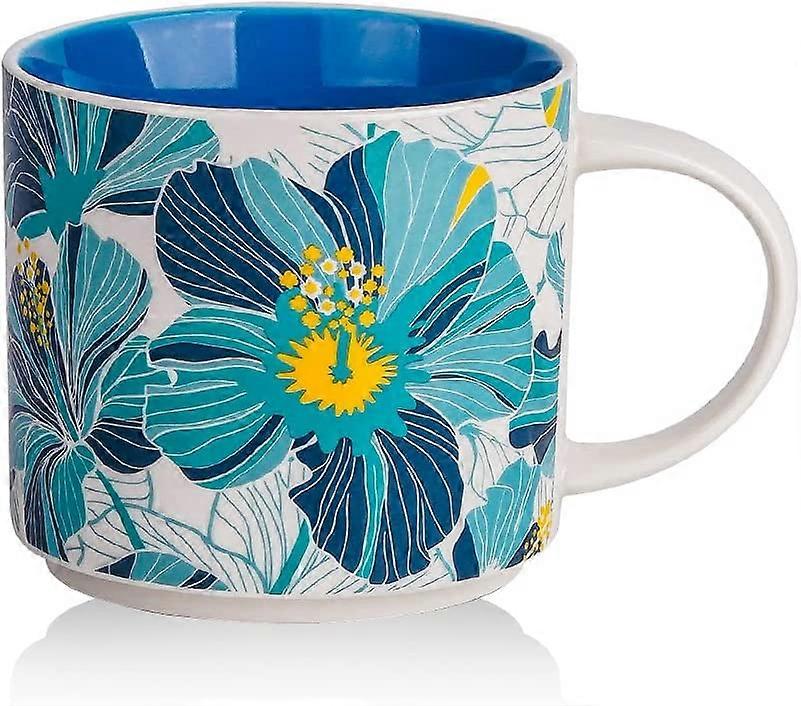 15 oz blomster keramisk krus, stort porcelæn kaffekrus, blå indre ...